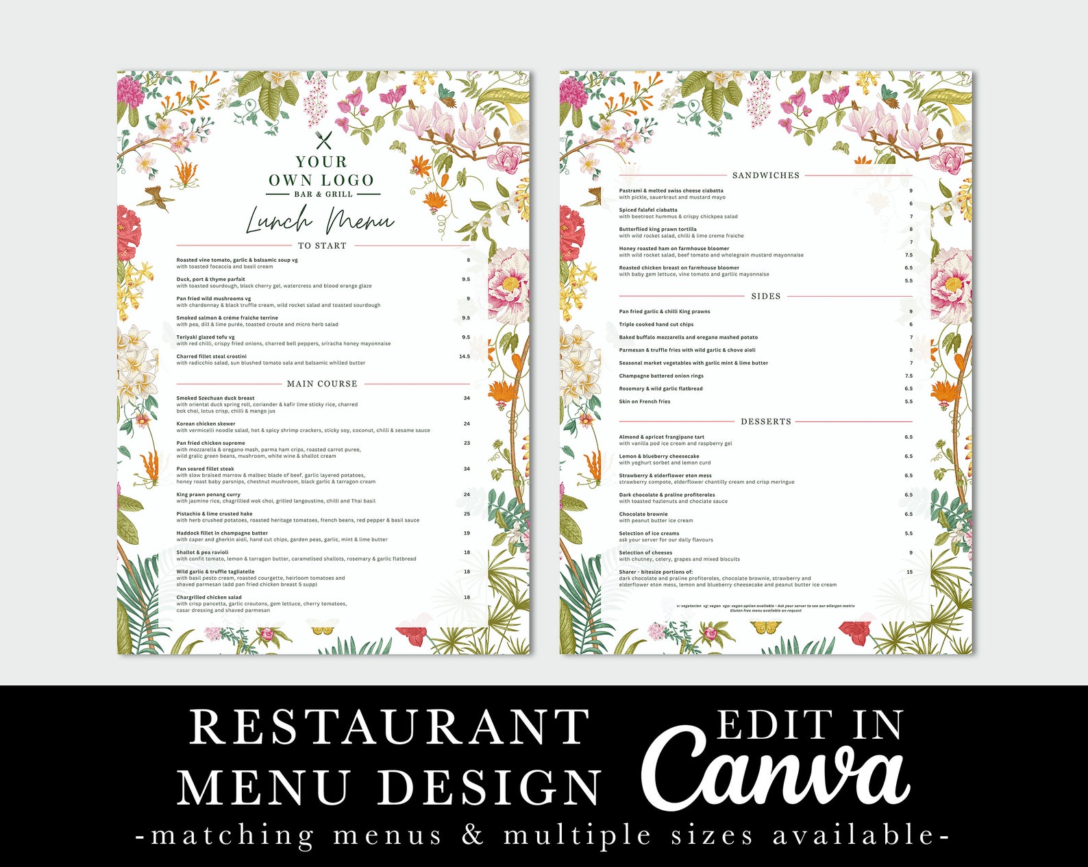 Restaurant Menu Design, Colourful Flowers Menu, Foliage, Floral Menu ...