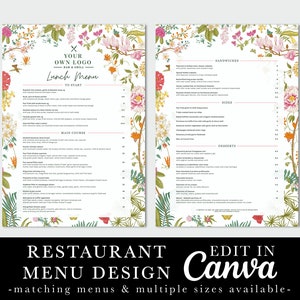 Restaurant Menu Design, Colourful Flowers Menu, Foliage, Floral Menu ...