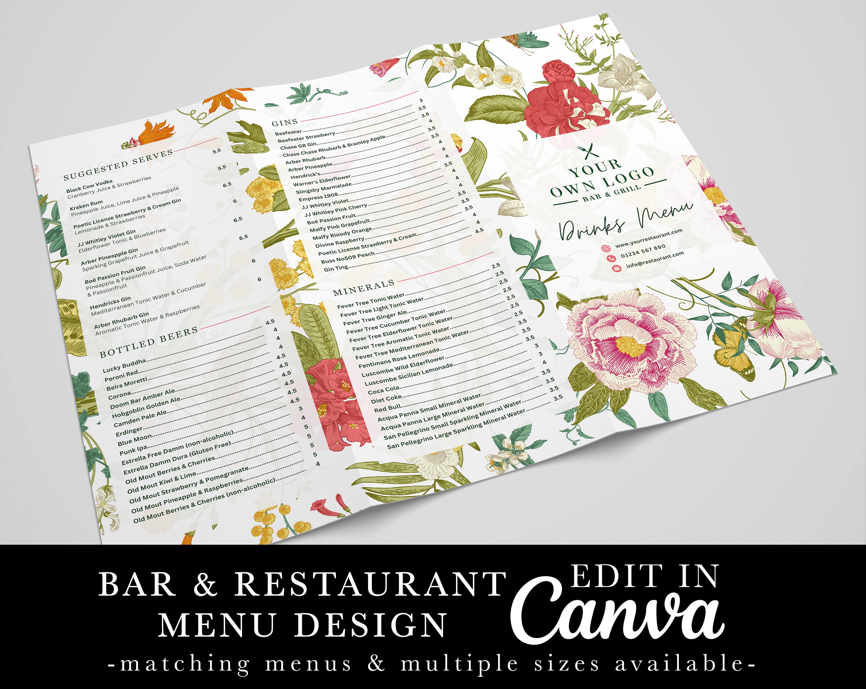 Restaurant Menu Design, Colourful Flowers Menu, Foliage, Floral Menu ...