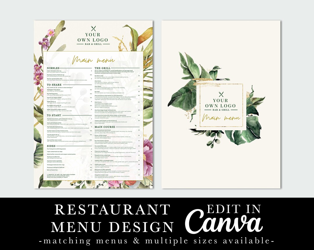 Restaurant Menu Design, Greenery Menu, Foliage, Floral Restaurant Menu ...