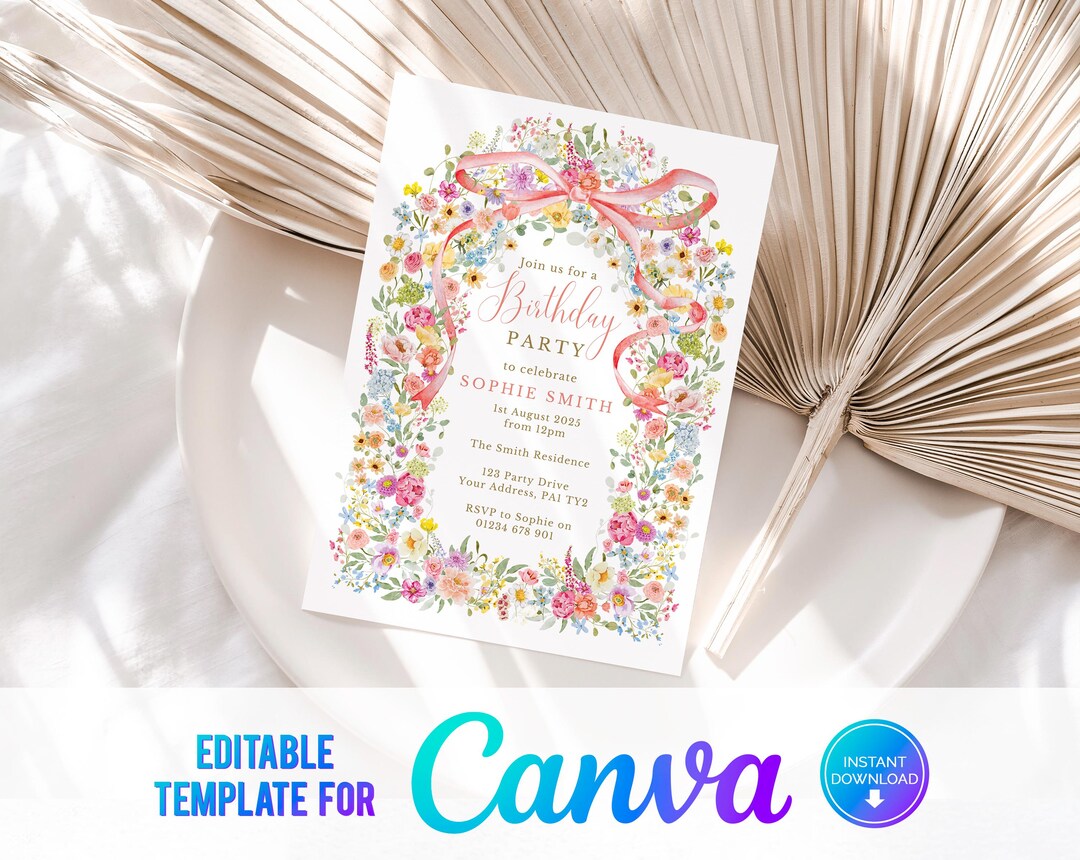 Floral Colourful Party Invitation, Pink Birthday, Summer Flowers ...
