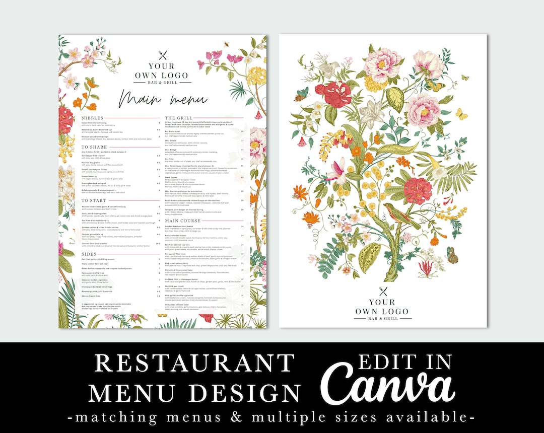 Restaurant Menu Design, Colourful Flowers Menu, Foliage, Floral Menu ...