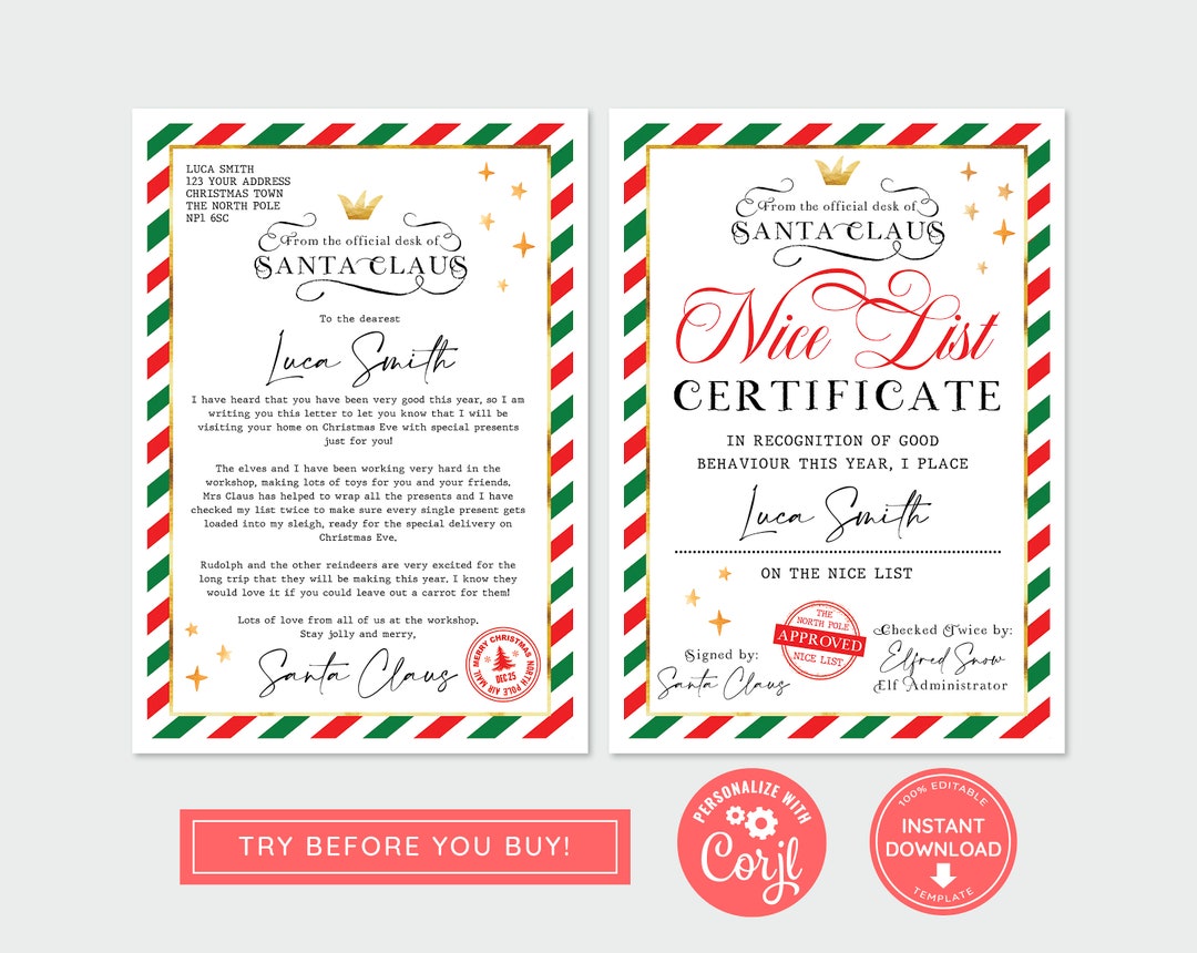 Instant Download Editable Santa Letter and Nice List Certificate ...
