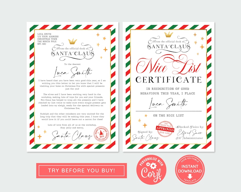 Instant Download Editable Santa Letter and Nice List Certificate ...
