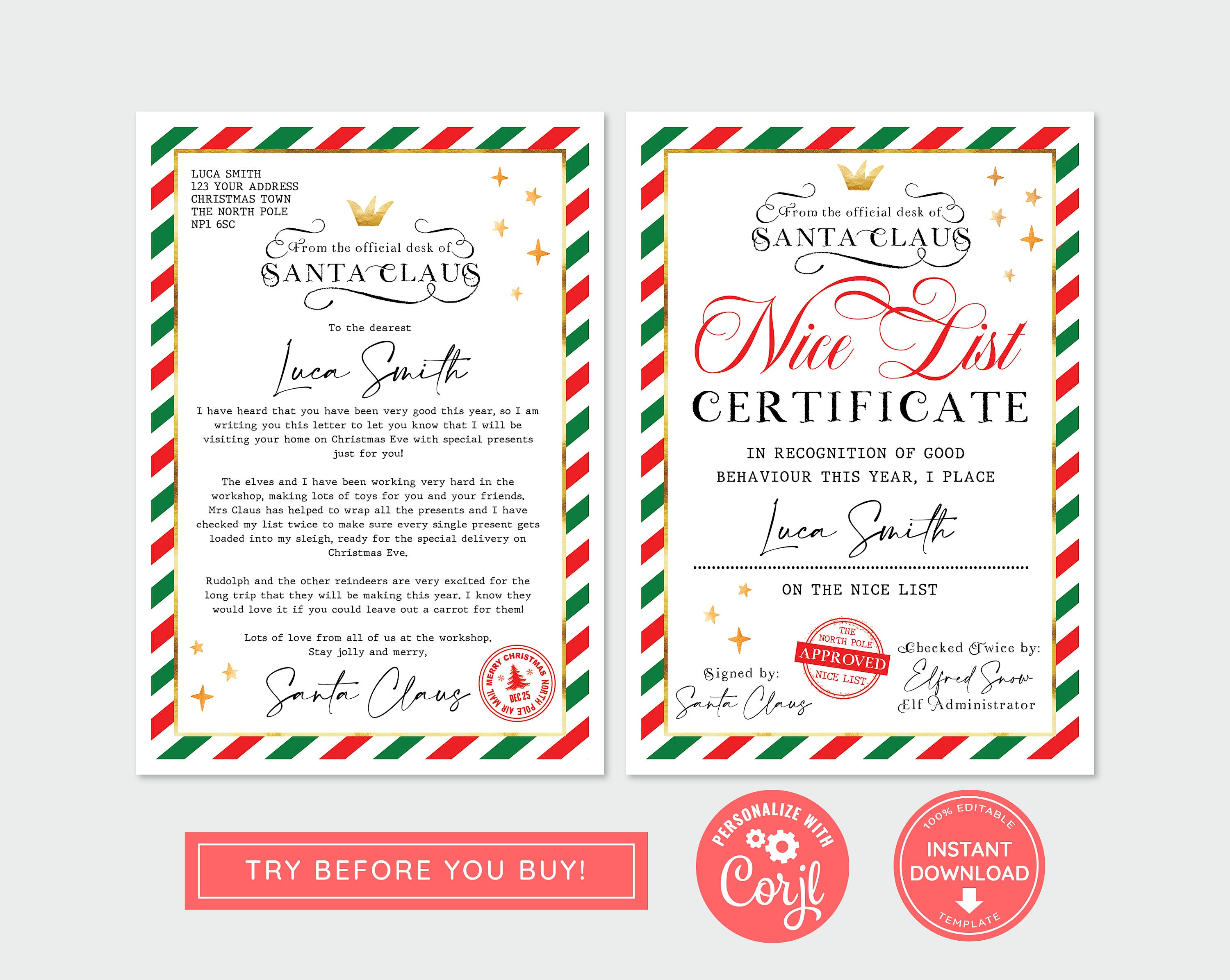 Instant Download Editable Santa Letter and Nice List Certificate ...
