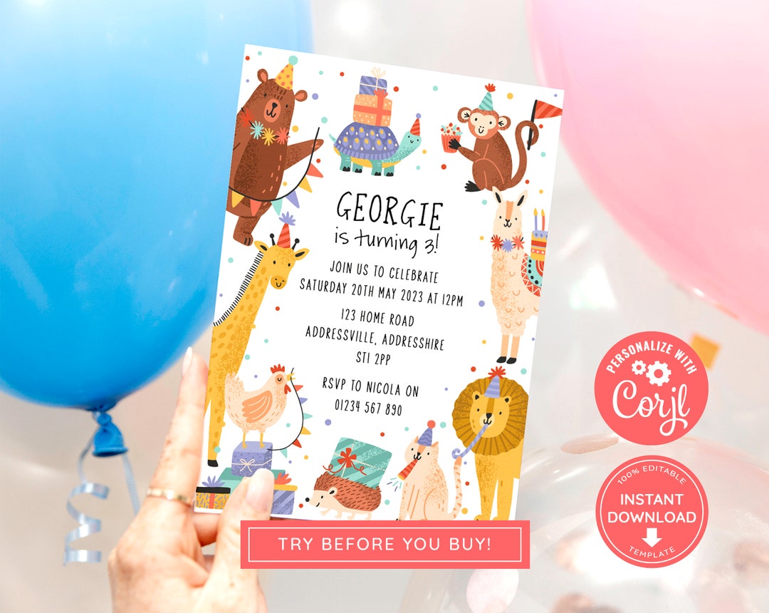 Editable Animals Party Invite, Print at Home Children's Birthday Party ...