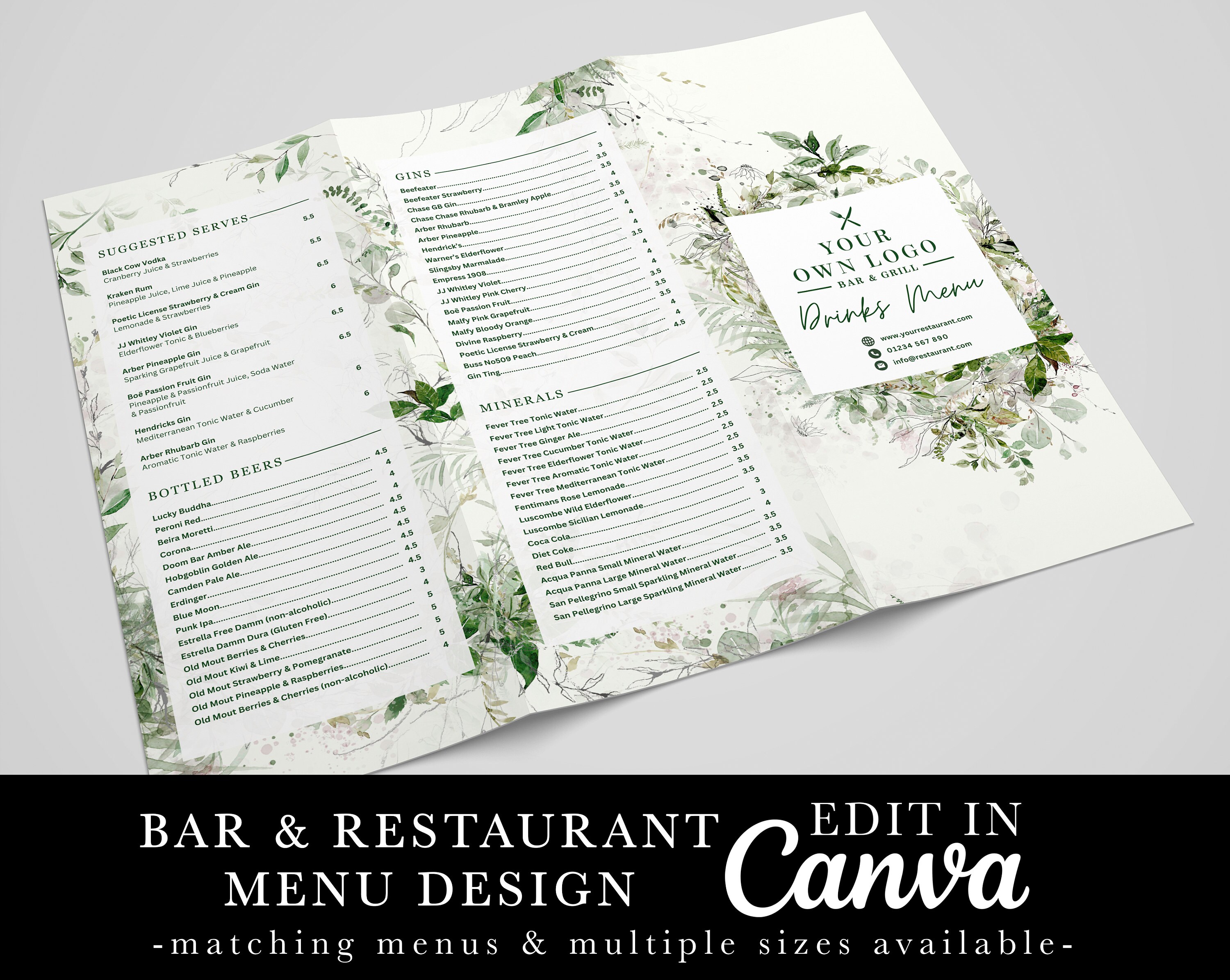 Restaurant Menu Design, Greenery Menu, Foliage, Floral Restaurant Menu ...