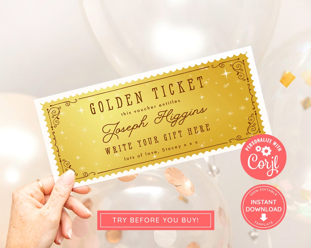 Editable Event Golden Ticket, Print at Home Birthday Voucher, Digital ...