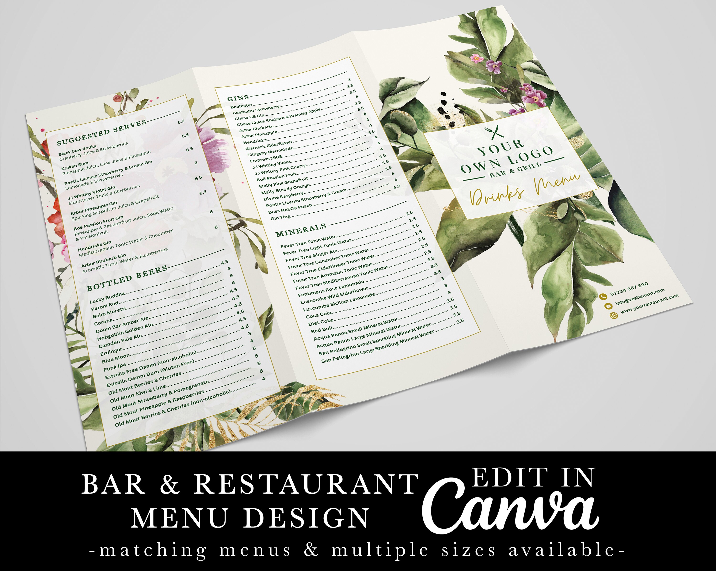 Restaurant Menu Design, Greenery Menu, Foliage, Floral Restaurant Menu ...