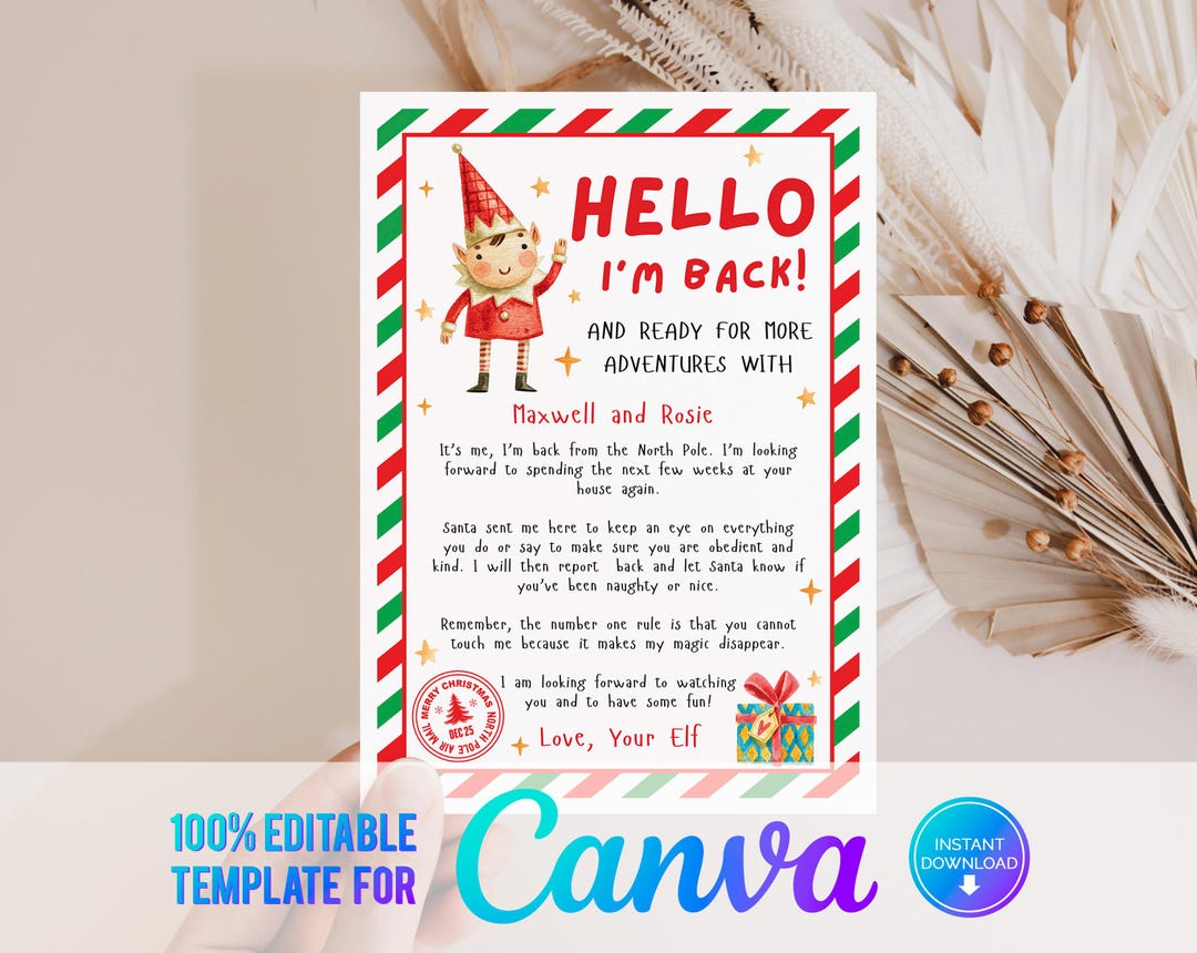 Canva Editable Elf Hello I'm Back Letter, Hello From Your Elf ...