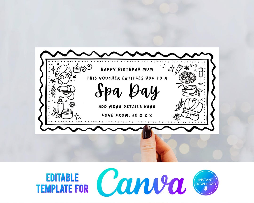 Canva Editable Spa Day Voucher, Print at Home Ticket, Digital Gift ...