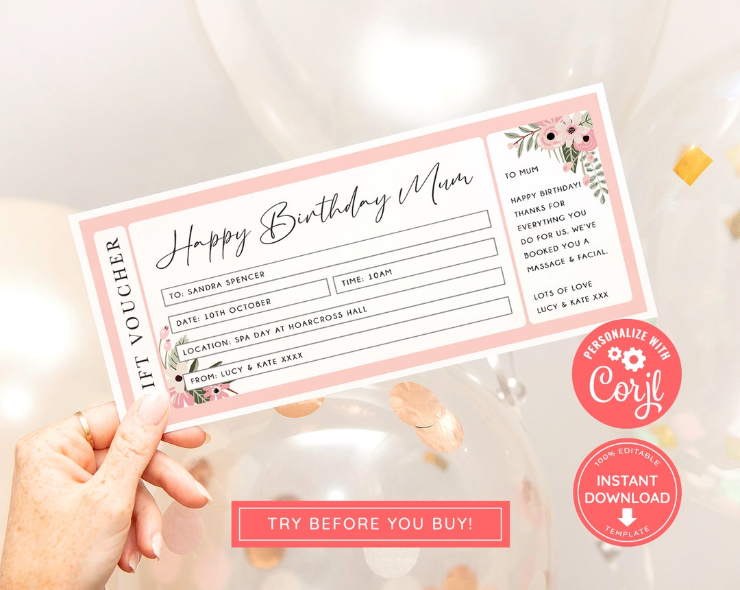 Pink Floral Gift Voucher, Surprise Ticket, Feminine, Print at Home ...