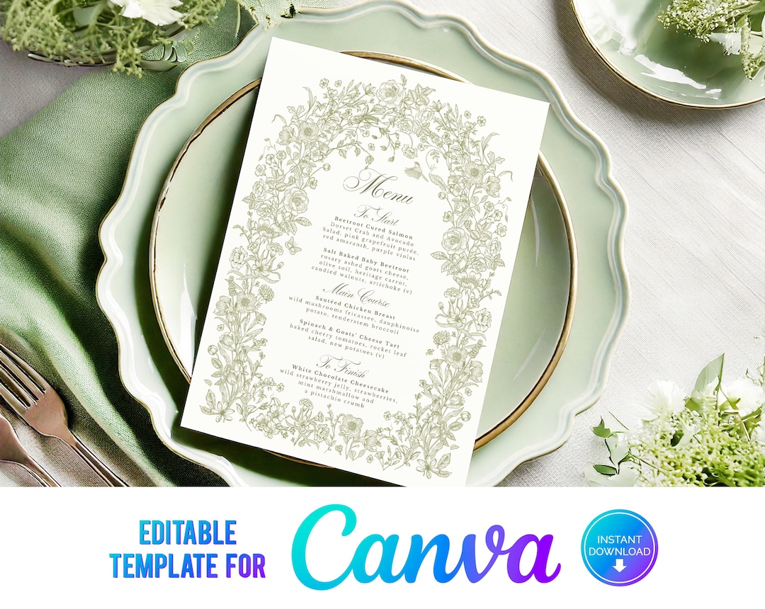 Canva Greenery Wedding Menu, Floral Wedding Menu, Woodland Flowers ...