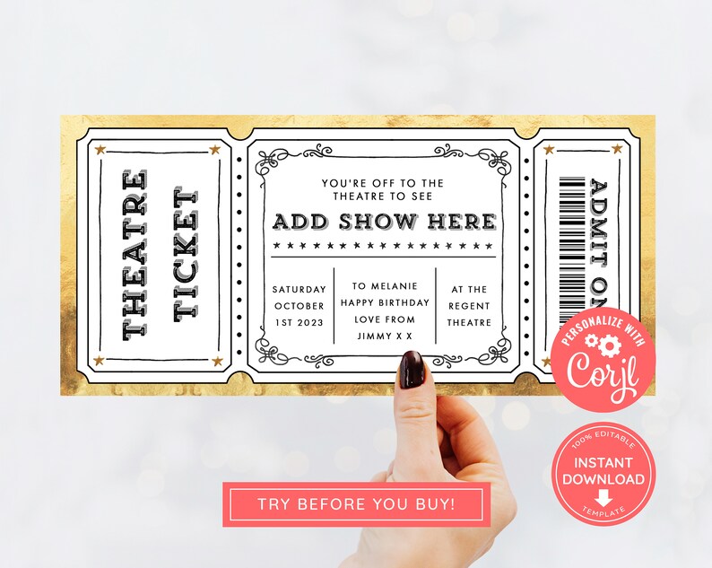 Editable Theatre Ticket, Print at Home Birthday Voucher, Digital Gift ...