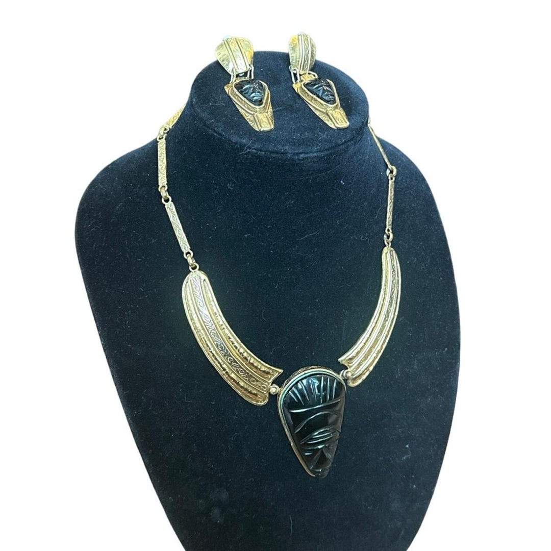 Vintage IXEL Aztec Obsidian Necklace & Earrings Set, Brutalist Mexican ...