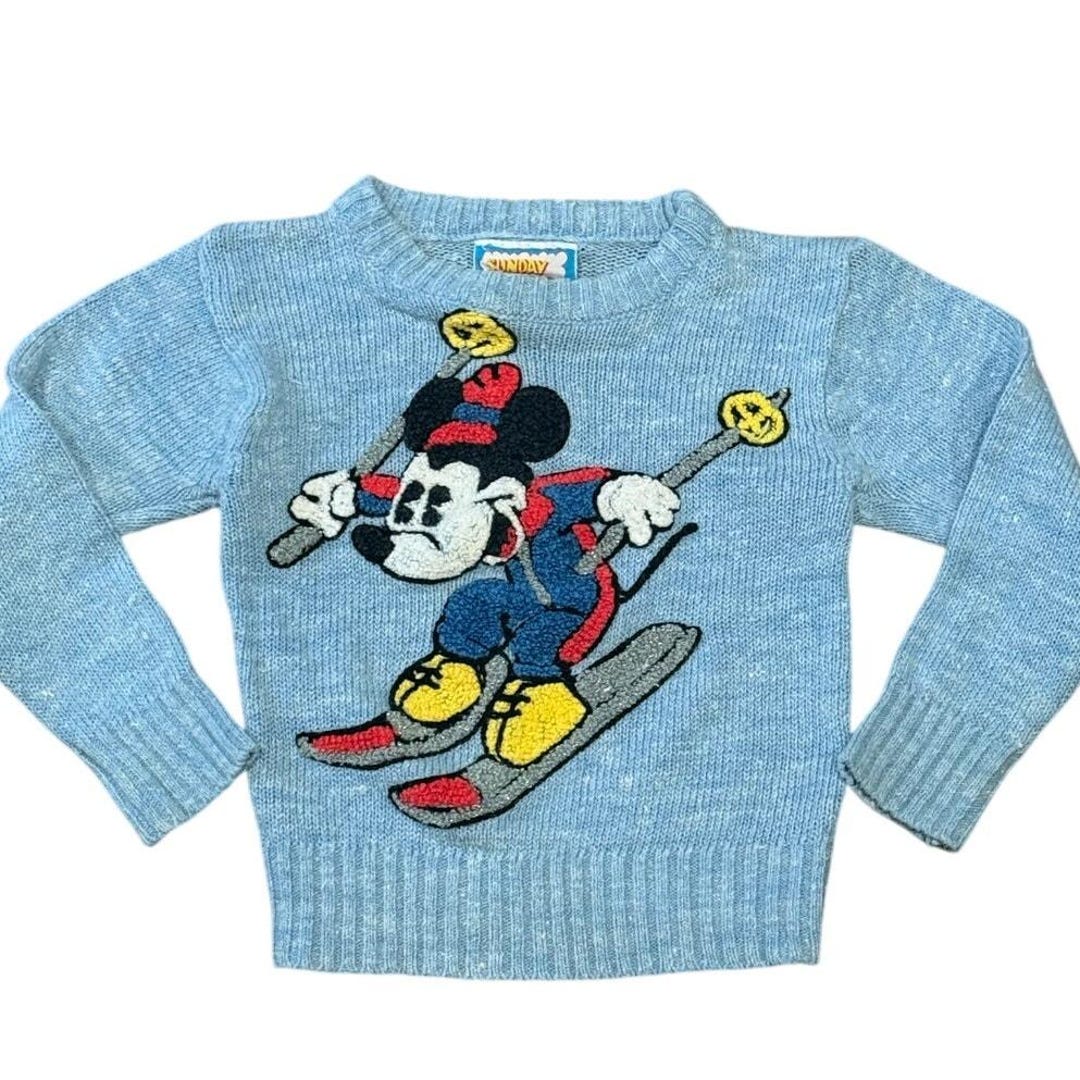 Vintage 80s Disney Mickey Mouse Ski Sweater 2T Sunday Comics Blue Gray ...