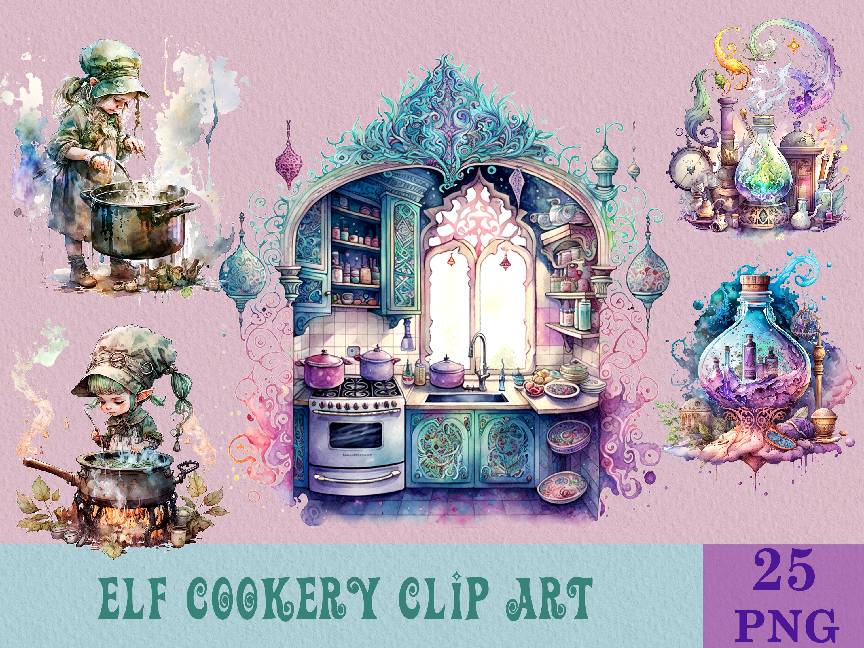 Elf Kitchen Fairy Kitchen Watercolor Clip Art PNG, Sublimation PNG ...