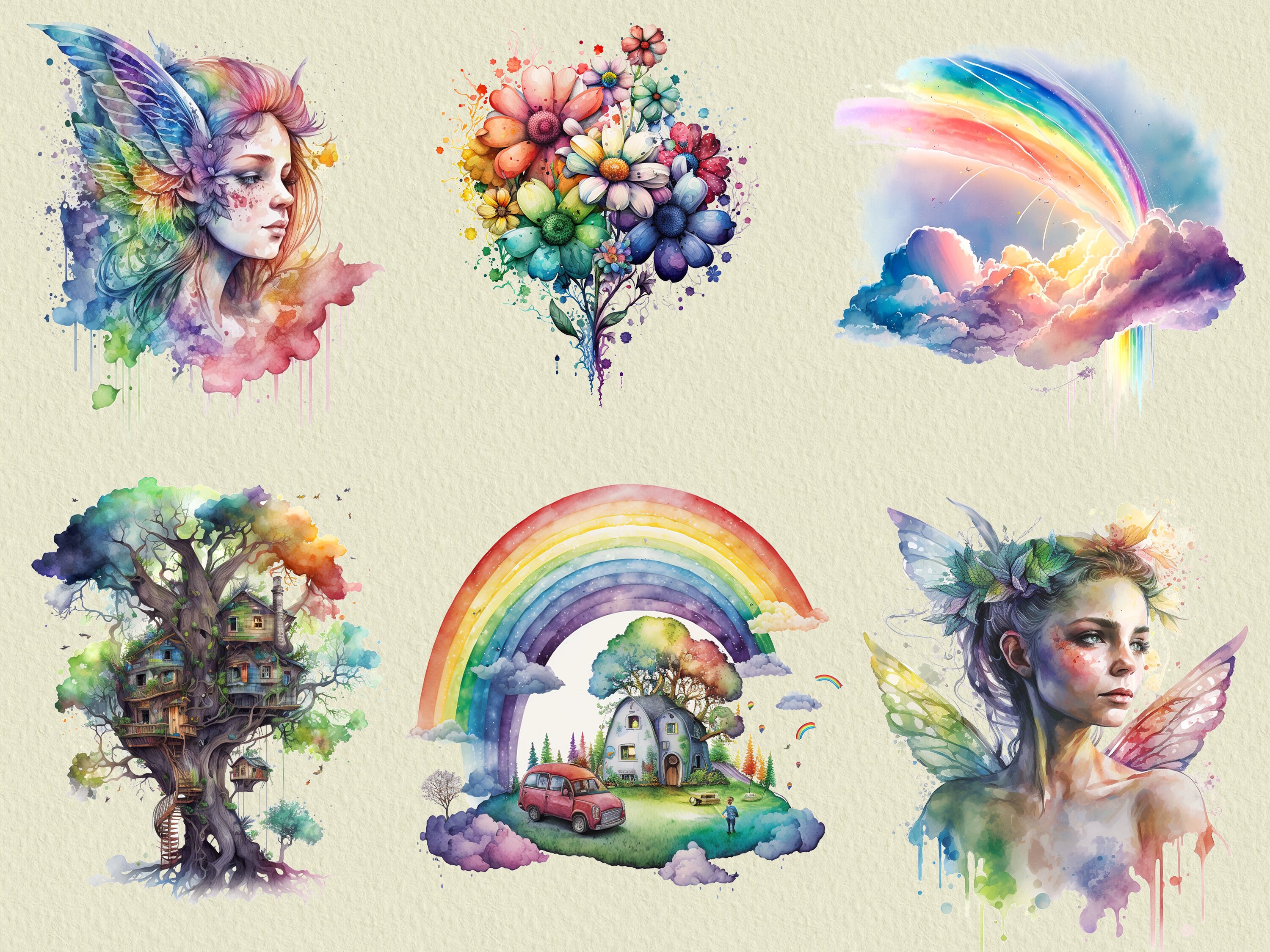 Rainbow Art Scenes Clipart Bundle, Rainbow Clouds Png, Rainbow Clipart ...