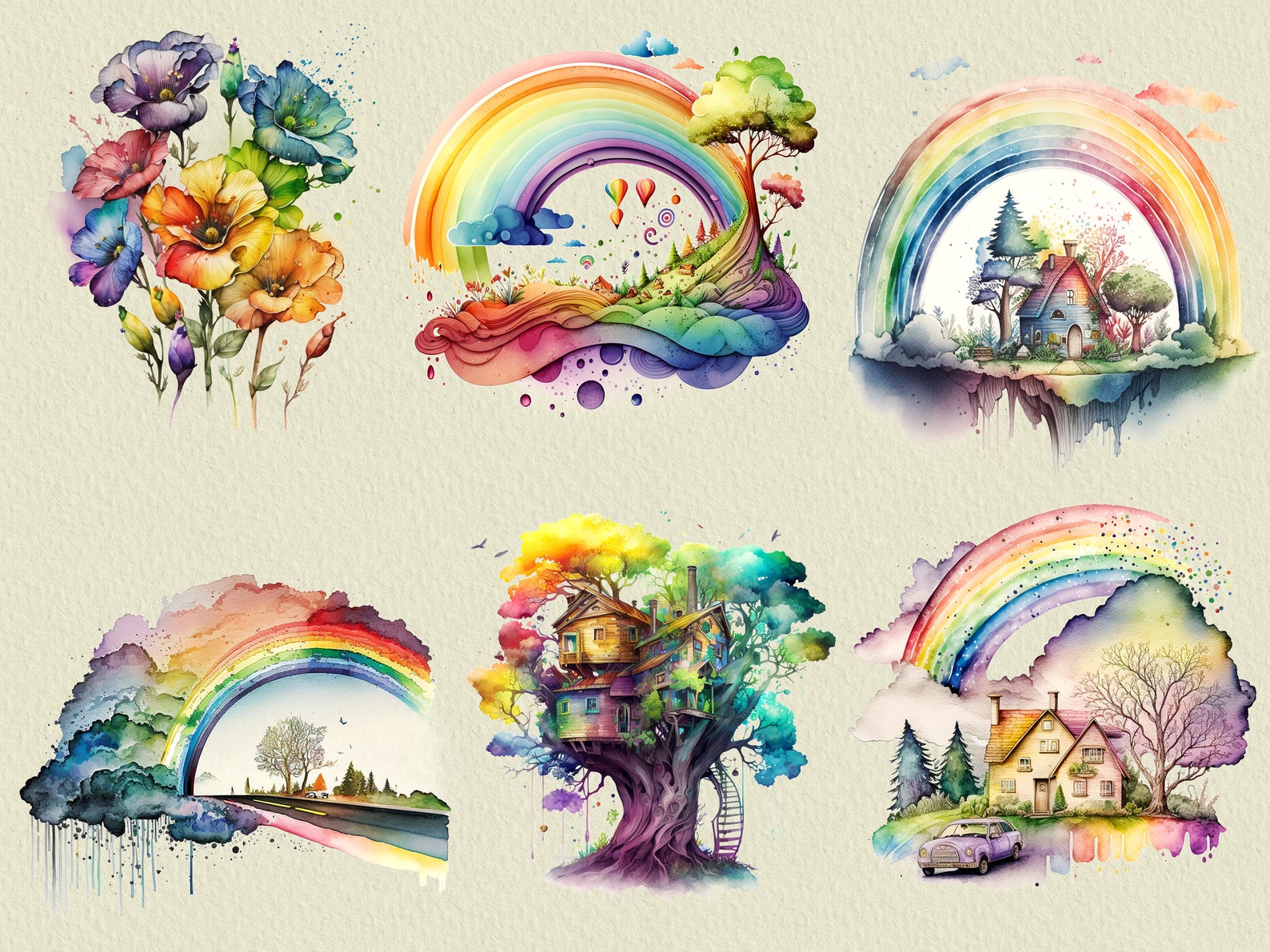 Rainbow Color Scenes Clipart Bundle, Rainbow Clouds Png, Rainbow ...