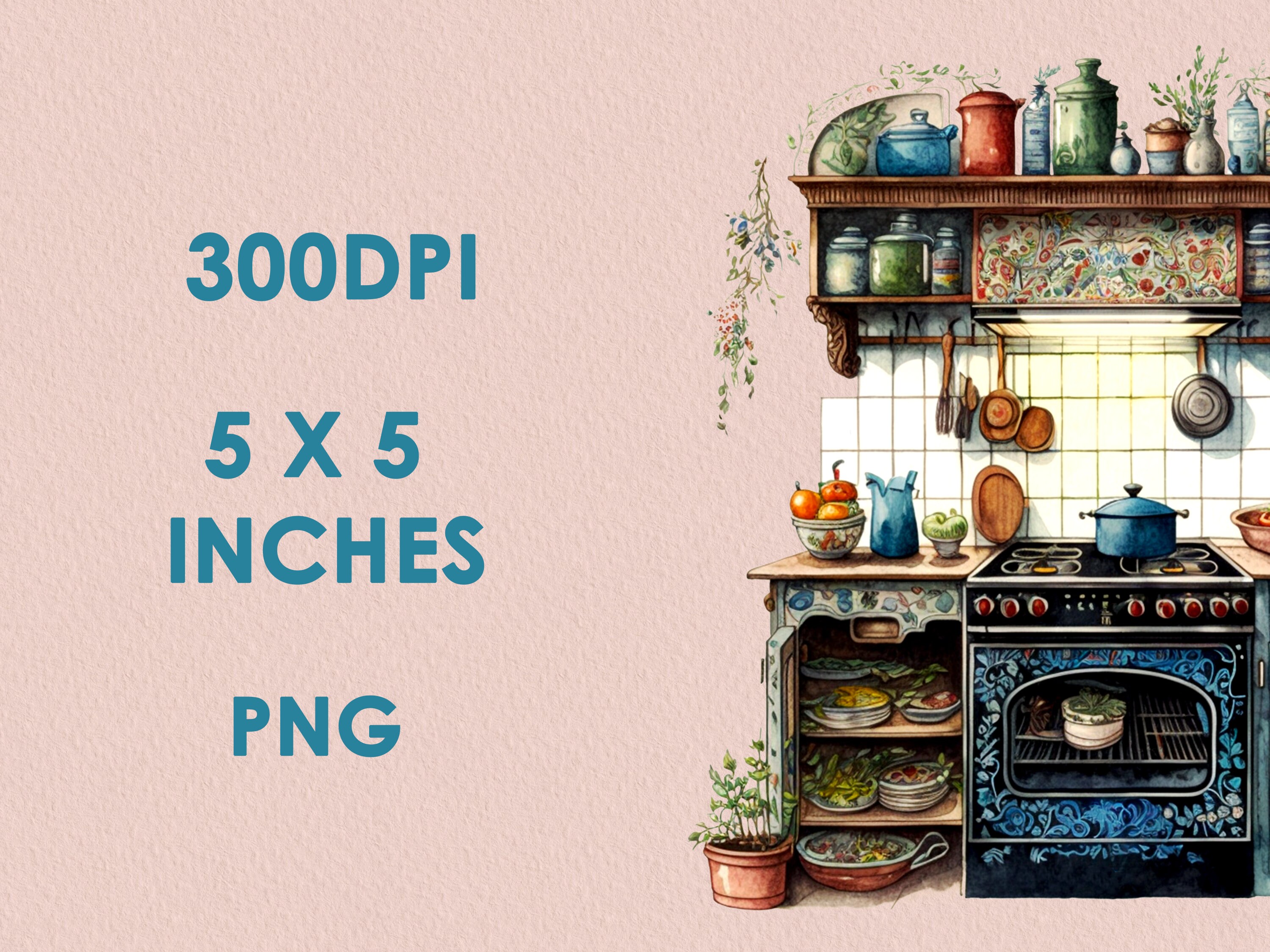 Vintage Kitchen Watercolor Clip Art PNG, Sublimation PNG Printable ...