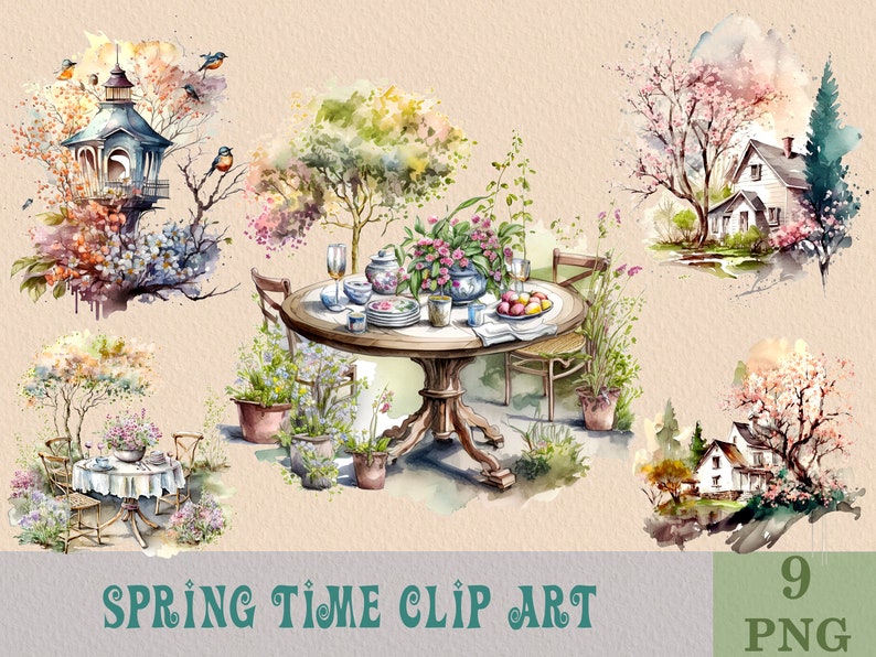 Spring Time Table Picnic Clipart Bundle, Spring House Garden Clipart ...