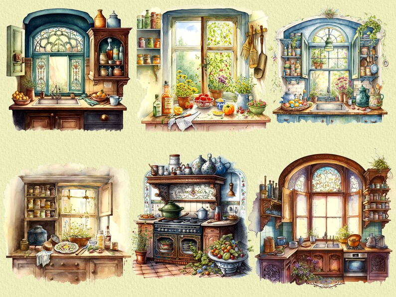 Vintage Kitchen Watercolor Clip Art PNG, Sublimation PNG Printable ...