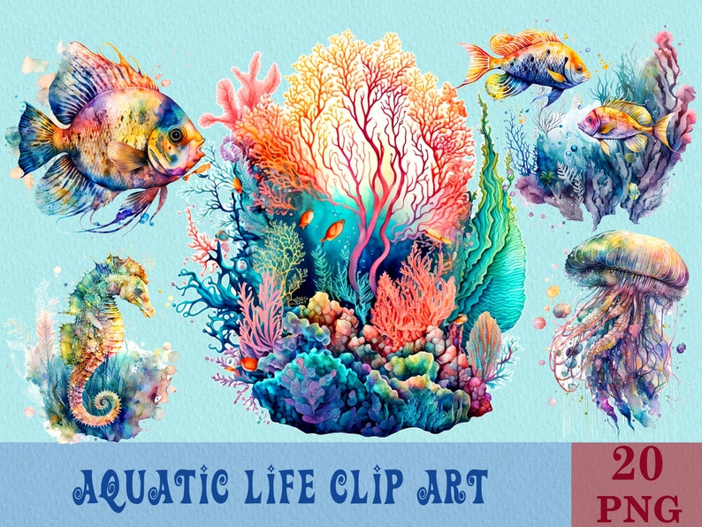 Aquatic Sealife Coral Watercolor Clip Art PNG, Sublimation PNG ...