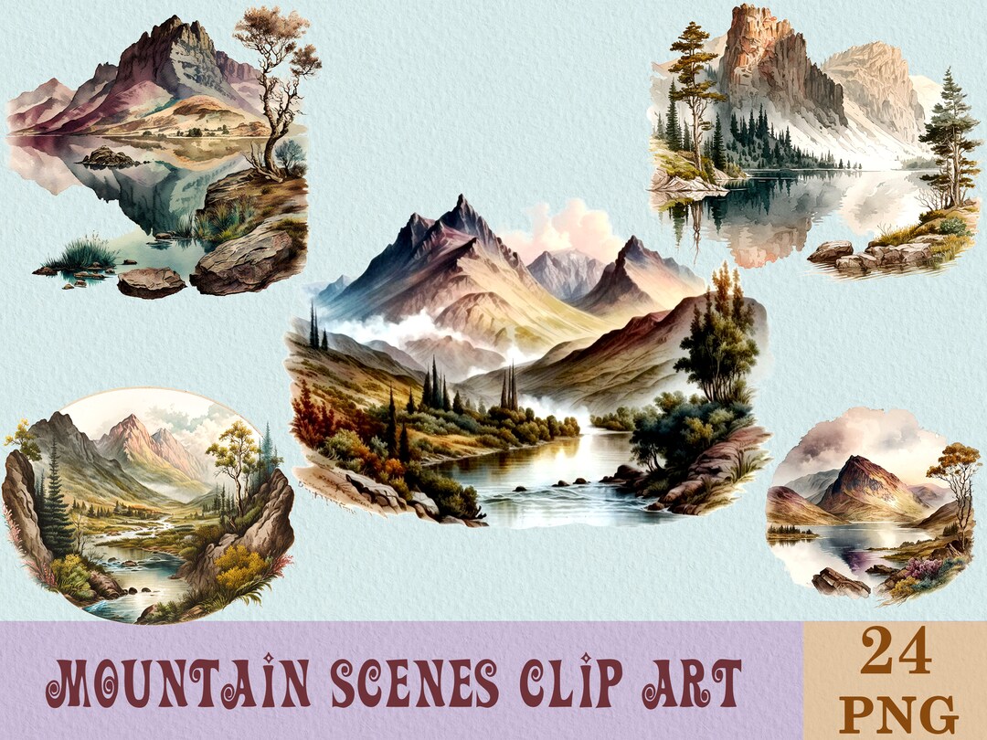 Mountain Scenes Clipart Bundle, Mountain Clipart, Landscape Clipart ...