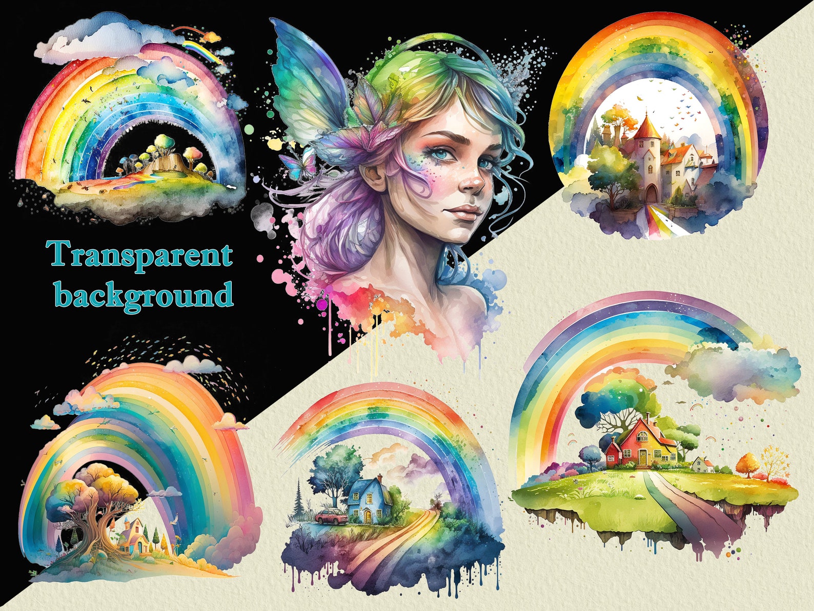 Rainbow Color Scenes Clipart Bundle, Rainbow Clouds Png, Rainbow ...