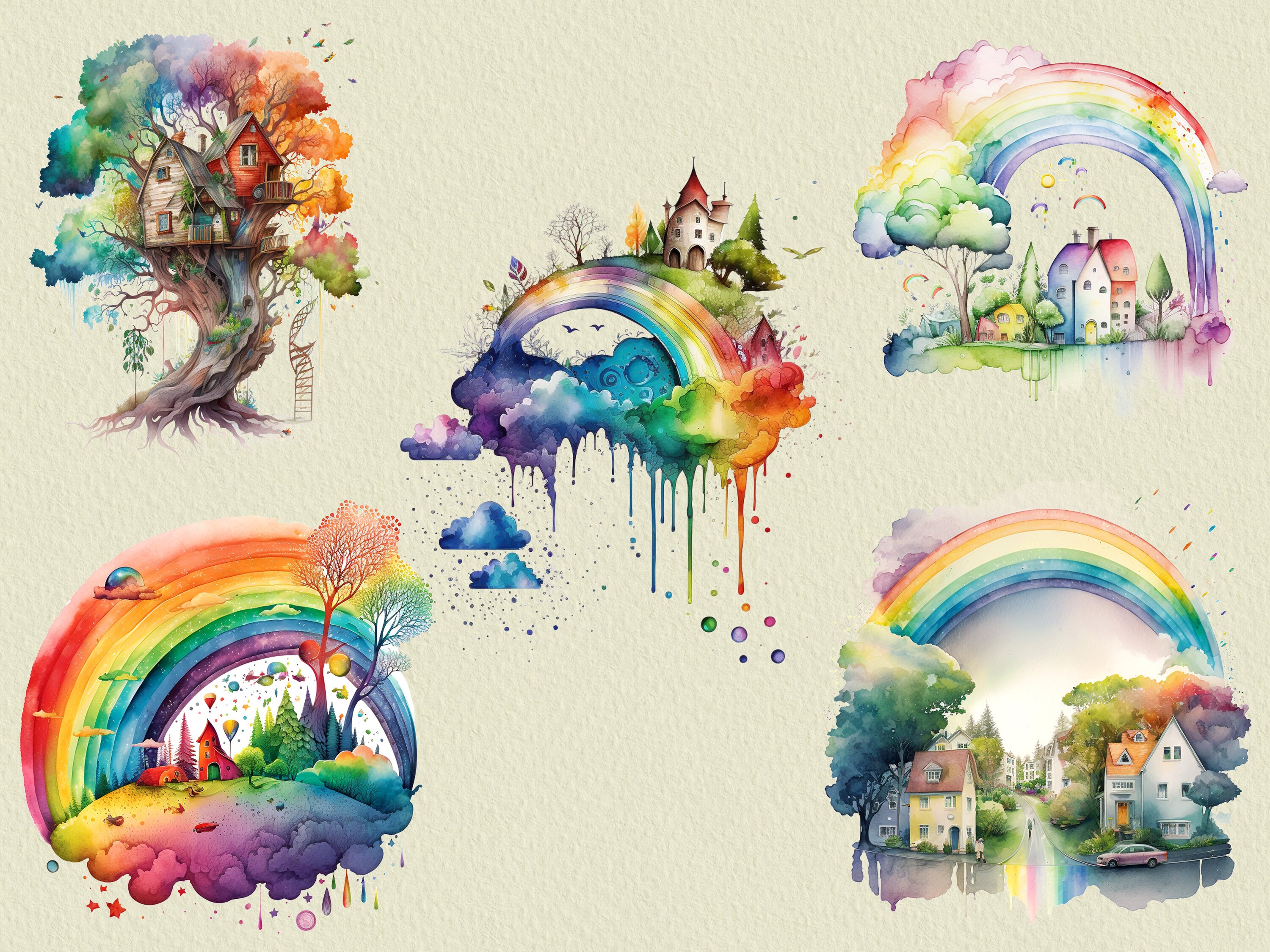 Rainbow Art Scenes Clipart Bundle, Rainbow Clouds Png, Rainbow Clipart ...