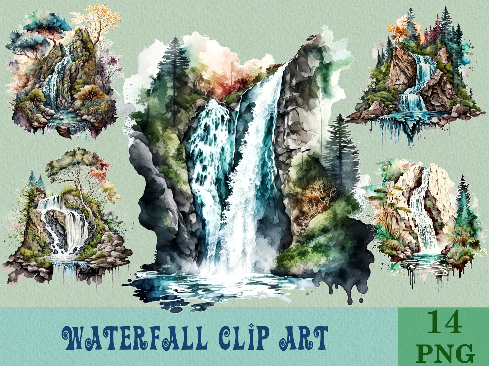 Waterfalls Watercolor Clip Art PNG, Sublimation PNG Printable ...