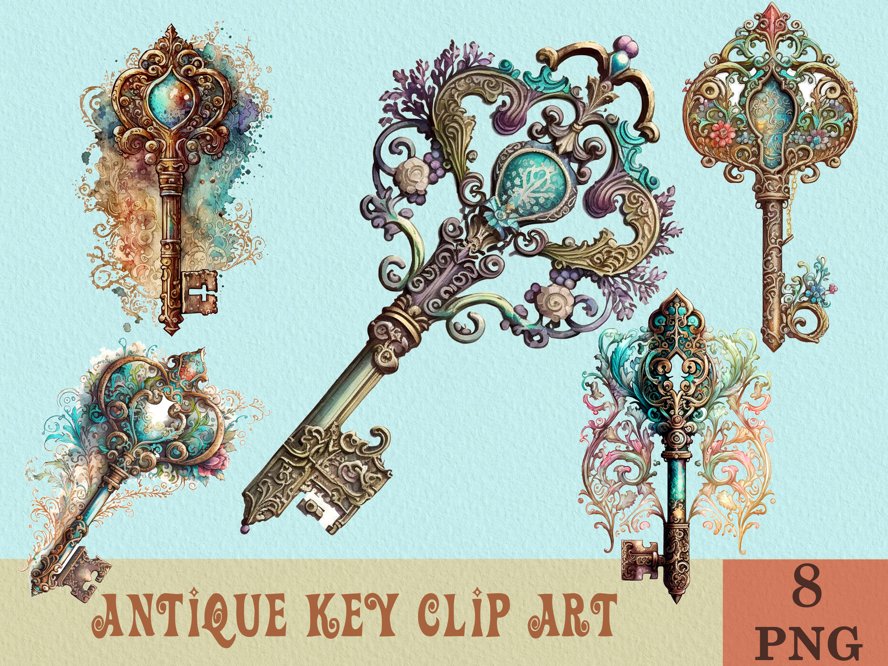 Antique Vintage Key Watercolor Clip Art PNG, Sublimation PNG Printable ...