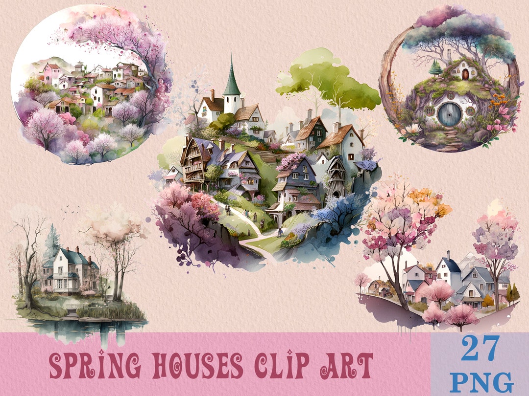 Spring Houses Watercolor Clip Art PNG, Sublimation PNG Printable, House ...