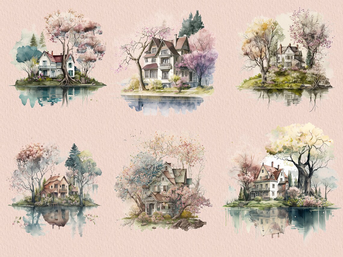 Spring Houses Watercolor Clip Art PNG, Sublimation PNG Printable, House ...