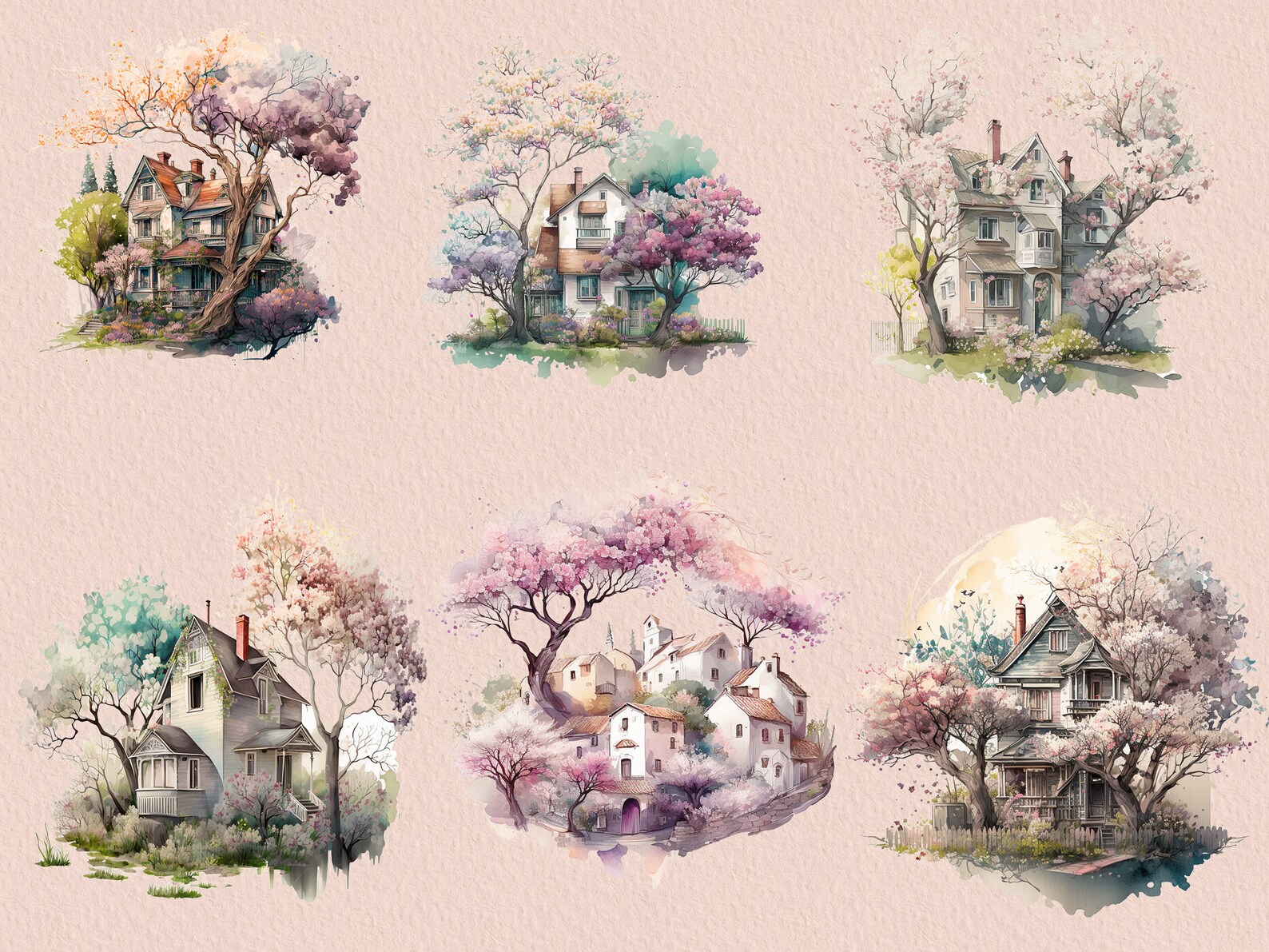 Spring Houses Watercolor Clip Art PNG Sublimation PNG - Etsy
