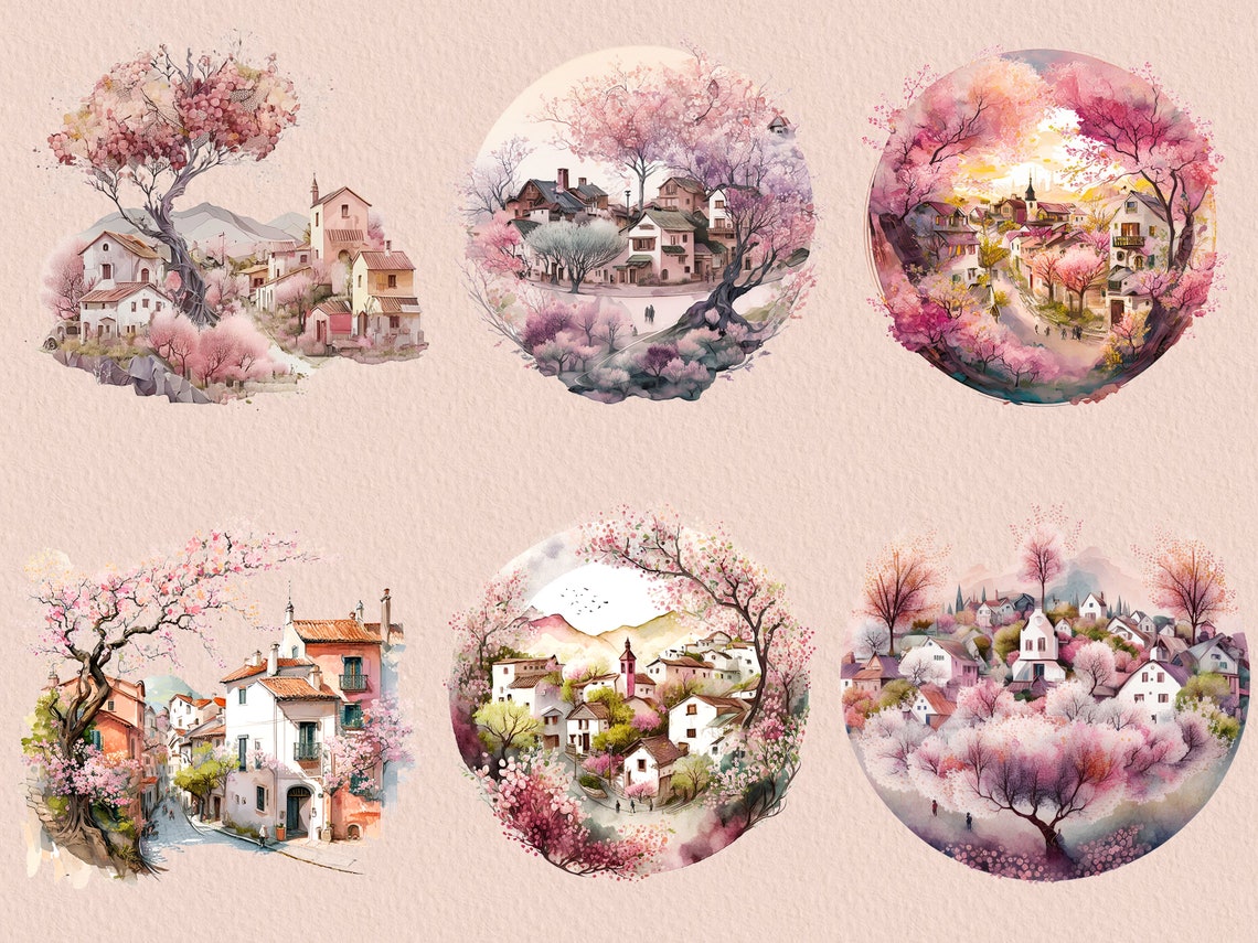 Spring Houses Watercolor Clip Art PNG, Sublimation PNG Printable, House ...