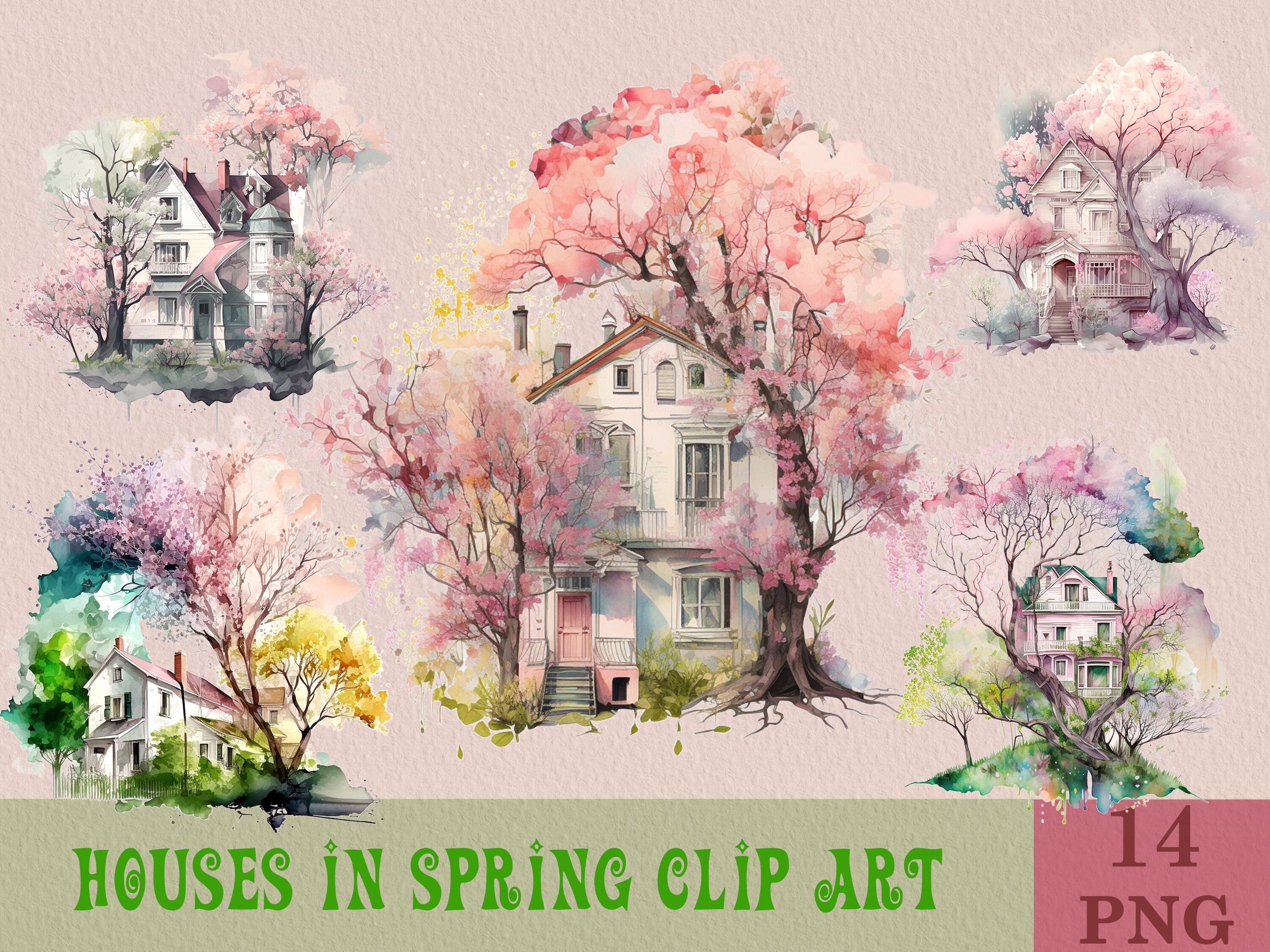 Houses in Spring Clipart Bundle, Spring House Png, Home Clipart ...