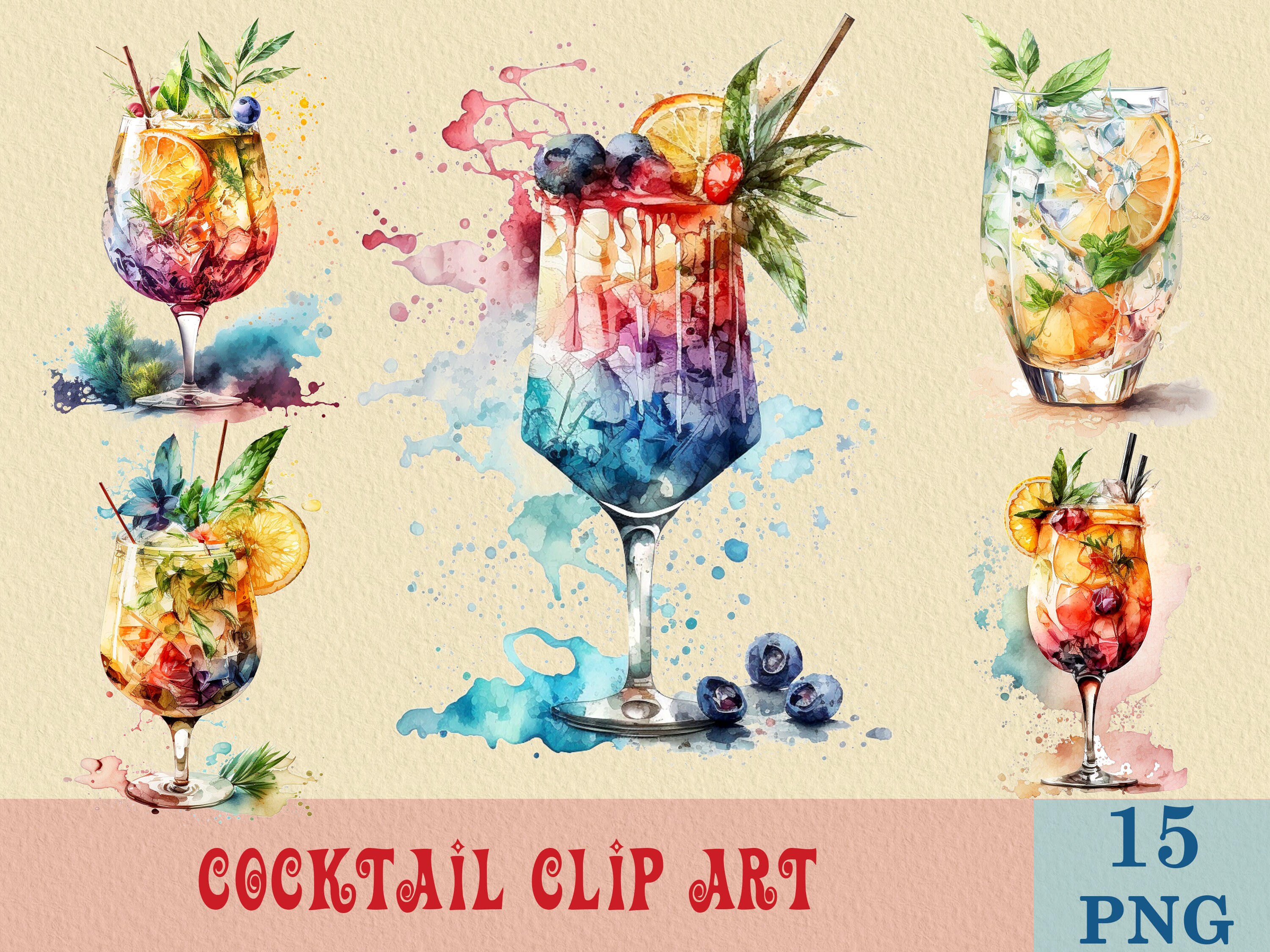 Cocktail Clipart Bundle, Cocktail Watercolor Png, Cocktail Clipart ...