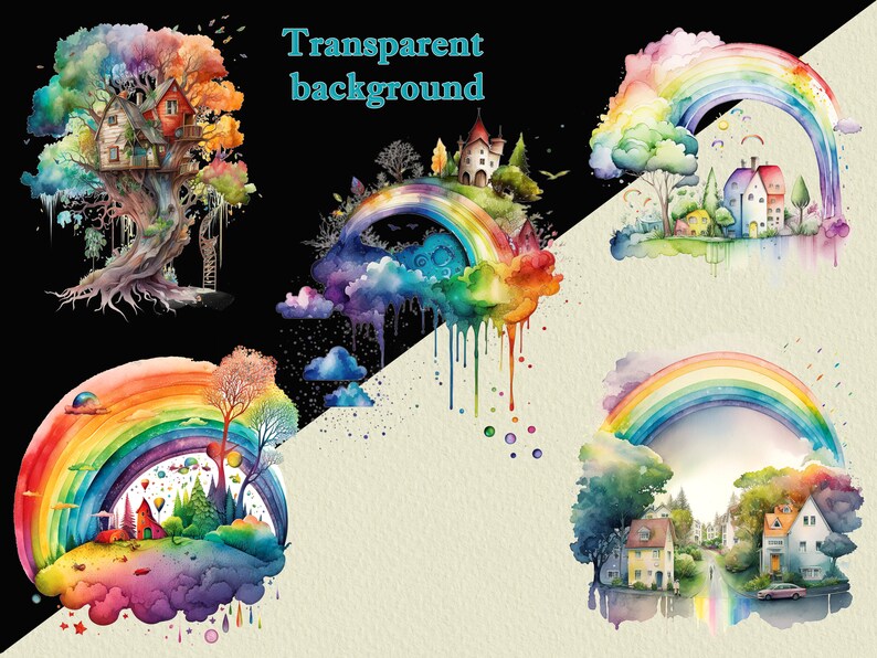 Rainbow Art Scenes Clipart Bundle, Rainbow Clouds Png, Rainbow Clipart ...