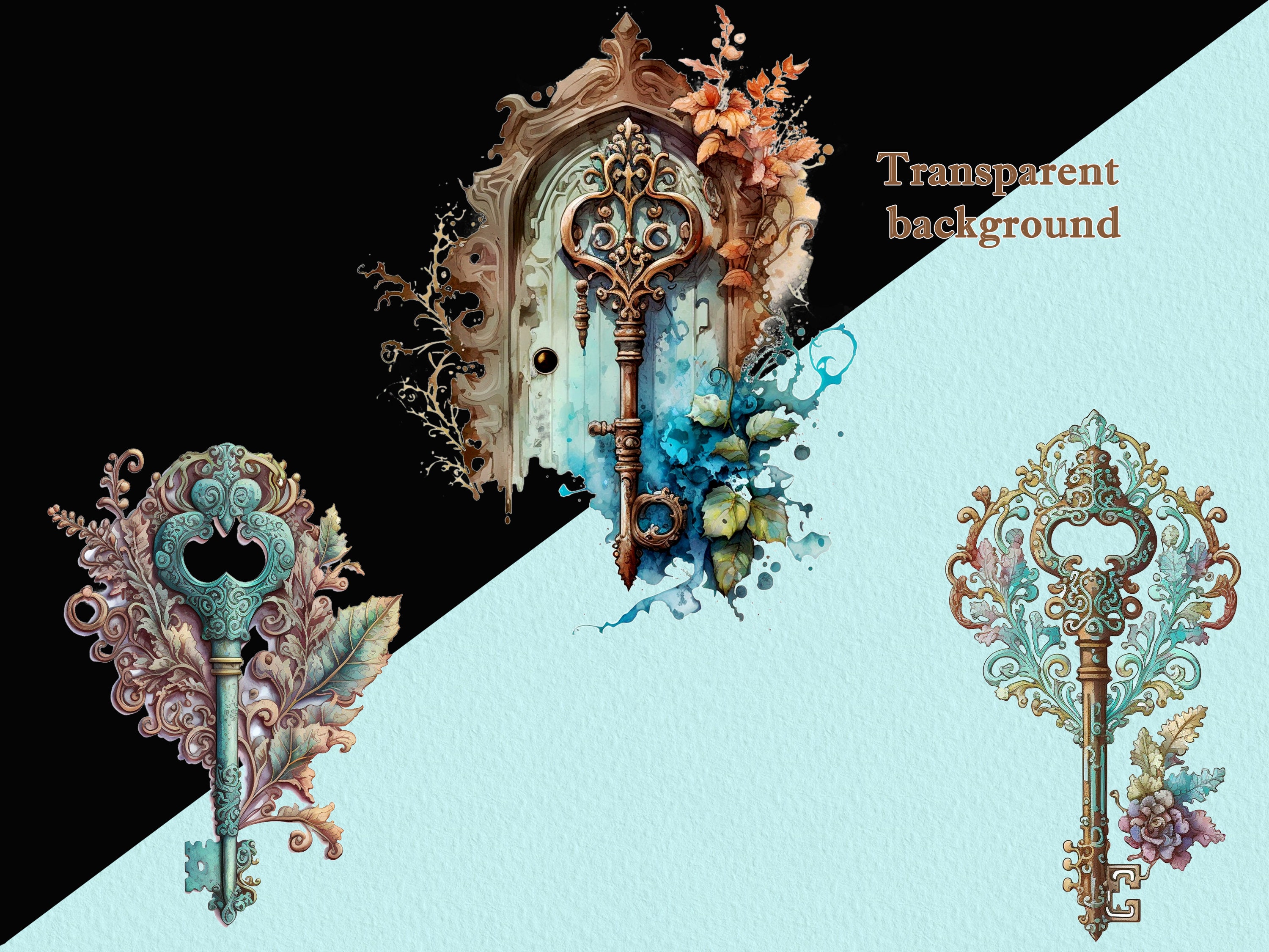 Antique Vintage Key Watercolor Clip Art PNG, Sublimation PNG Printable ...