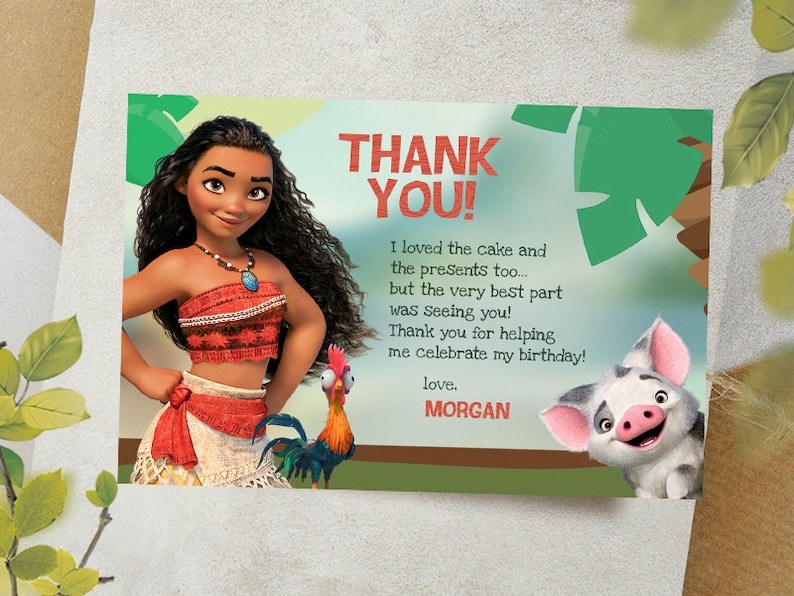 Moana Digital Thank You Card / Moana Party Card / Moana Favor Card / Moana Birthday Card / Girl ...