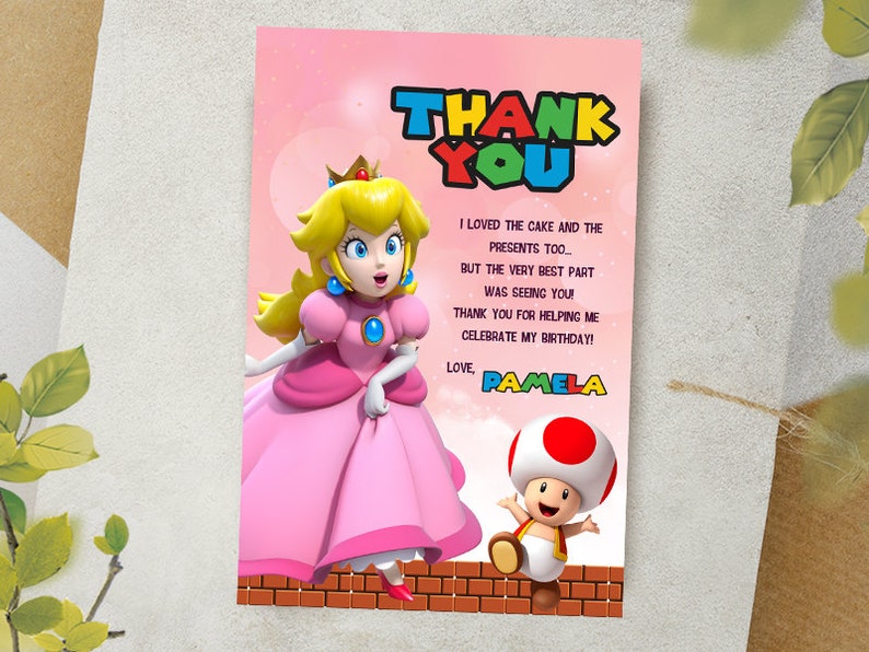 Princess Peach Digital Thank You Card / Toad Party Card / Princess ...