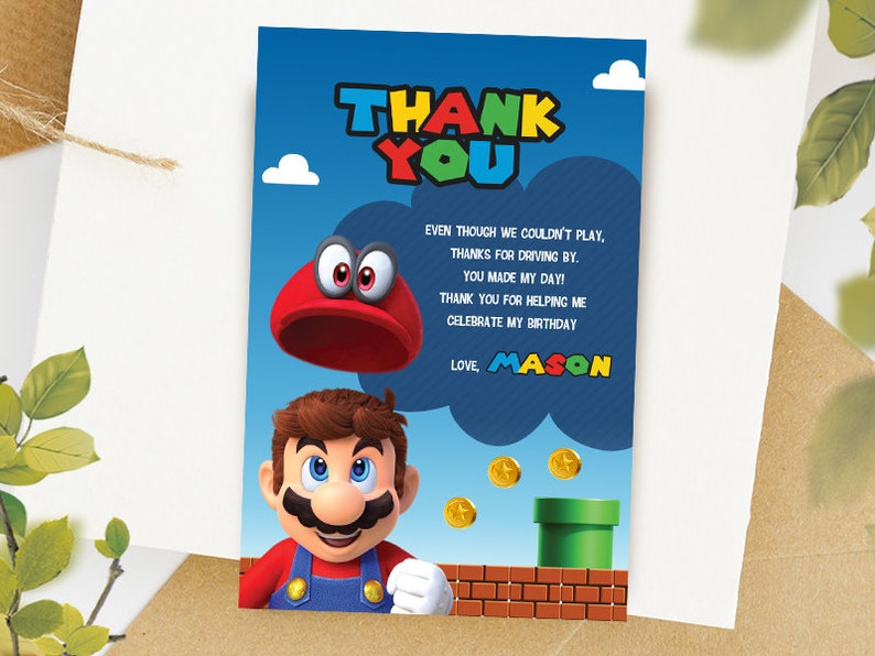 Mario Digital Thank You Card / Super Mario Party Card / Mario Favor ...