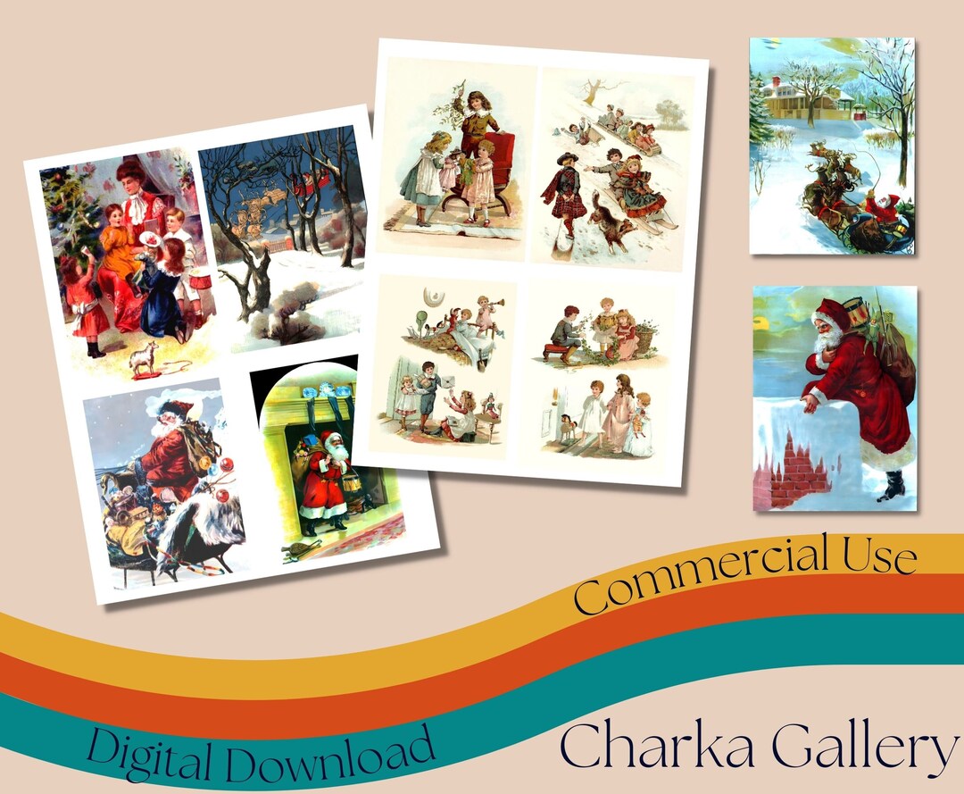 Printable Vintage Christmas Collage Sheets, Printable Santa Cards, X ...