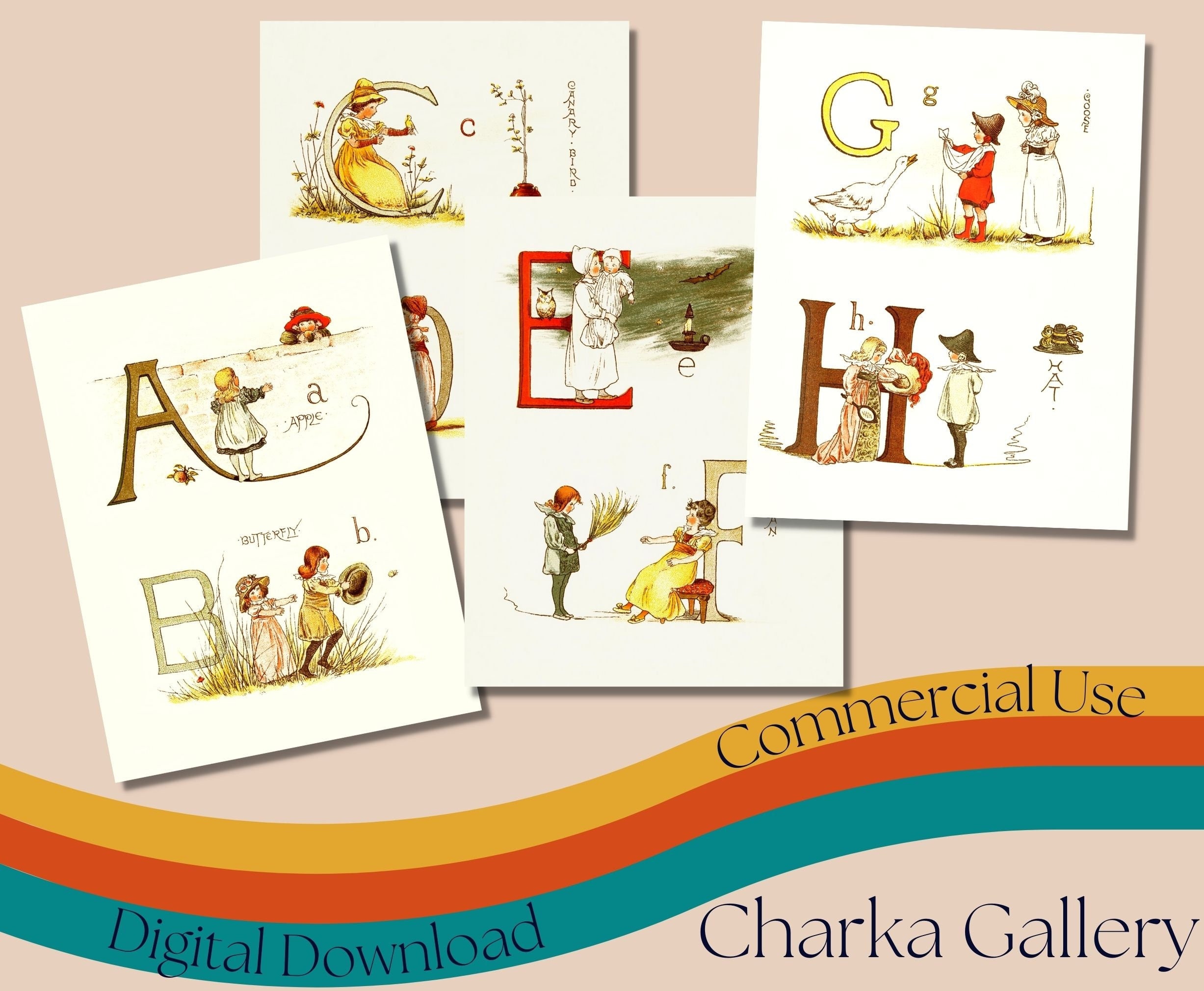 Printable Vintage Alphabet Pages, Alphabet Flashcard Digital Download ...