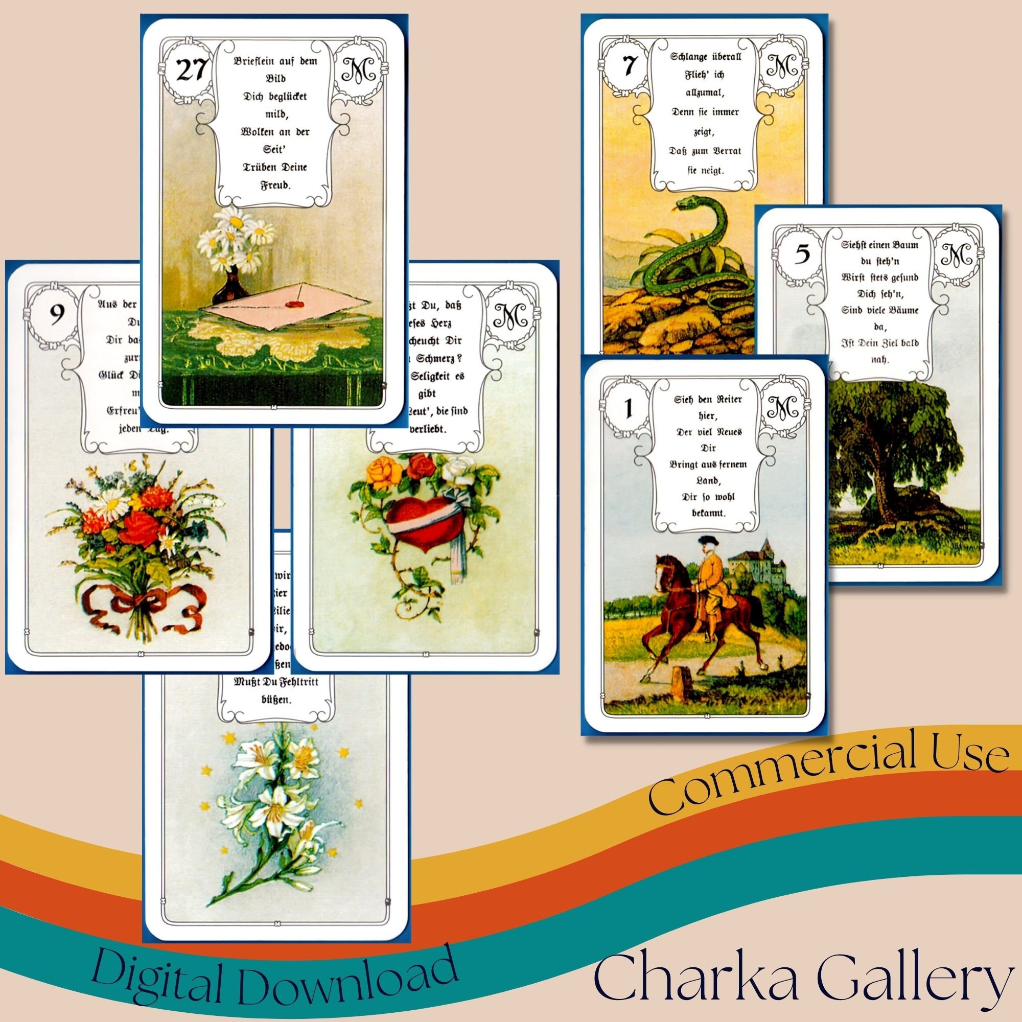Printable Lenormand Fortune Telling Cards, Vintage German Divination ...