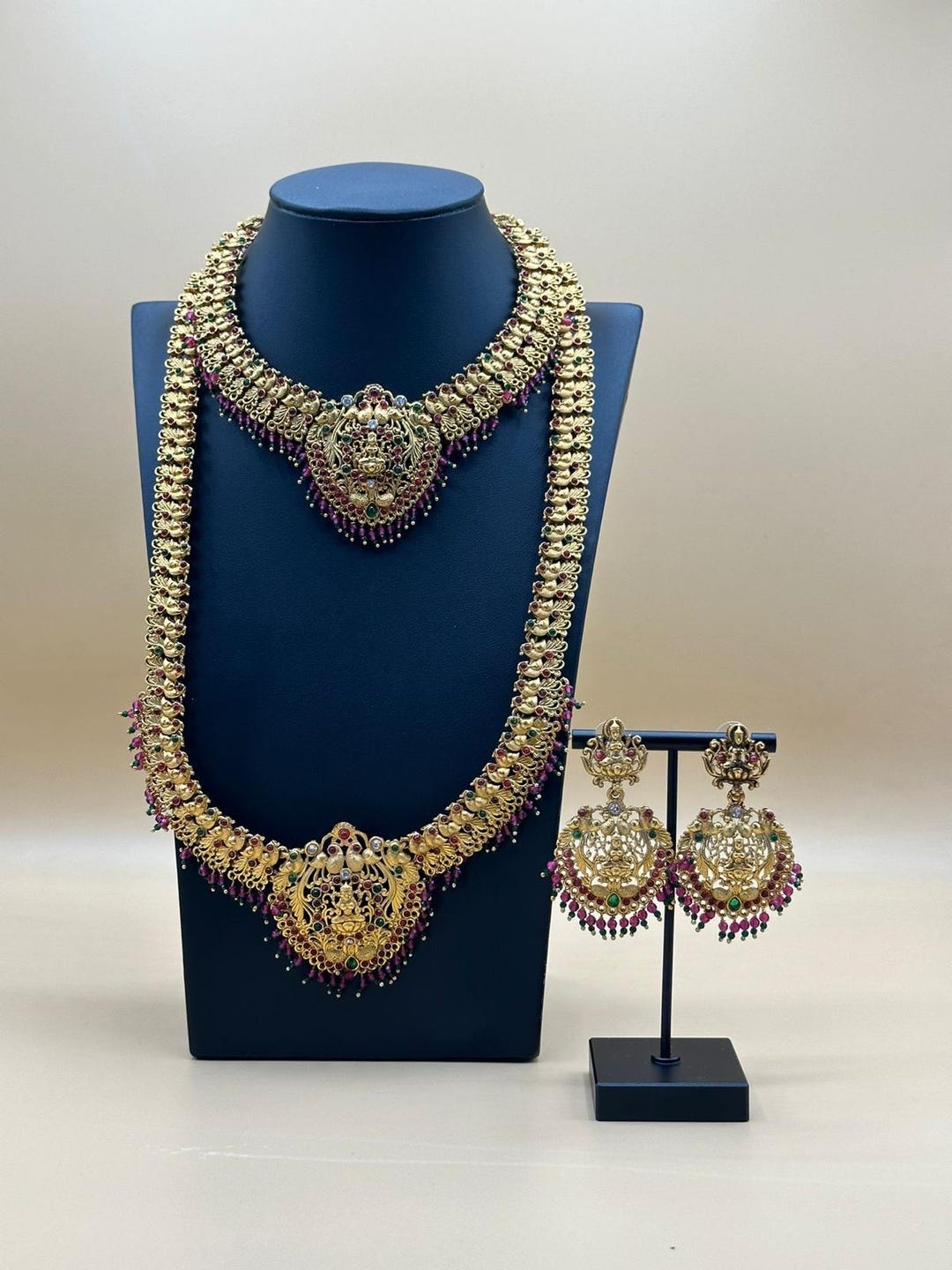 Heavy Gold Plated Temple Jewellery Set – Mini Necklace, Long Necklace ...