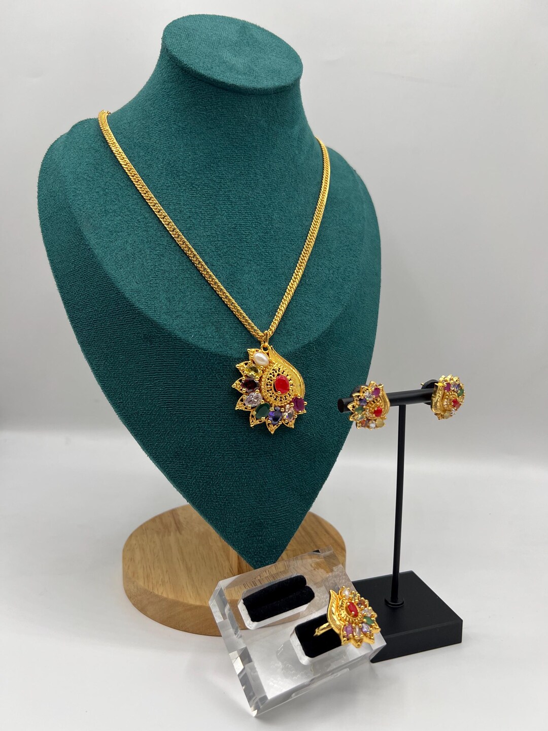 Gold Chain With Navaratna Pendant Earrings and Ring Set - Etsy