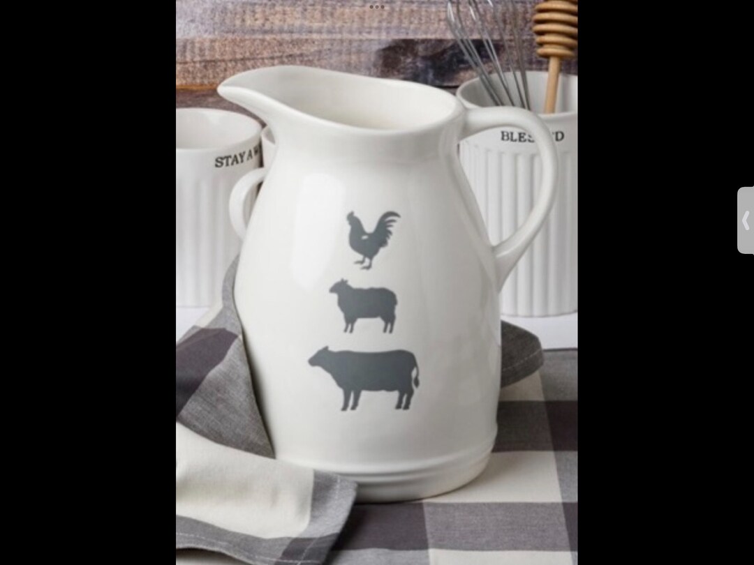 White Stoneware Pitcher With Farm Animals - Etsy