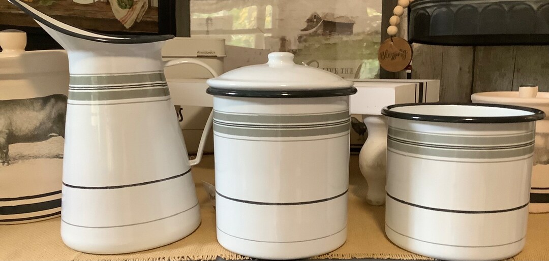 Striped Enamel Pitcher, Canister, Utensils Crock Set/3 - Etsy